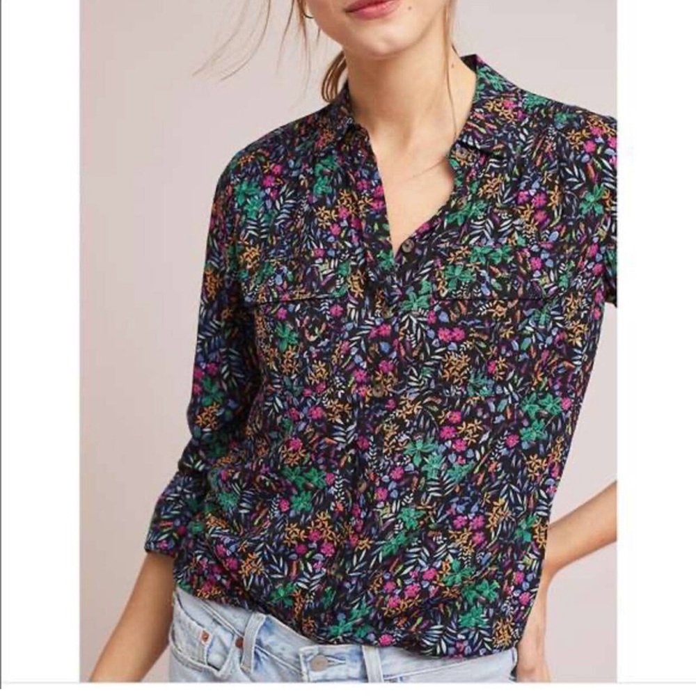 Anthropologie Maeve Black Floral Button Down Blouse - Gem
